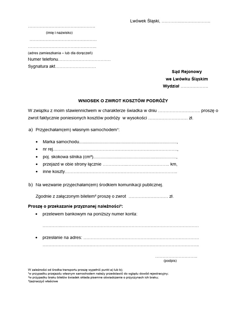 Wniosek o Zwrot Kosztow Podrozy Dla Swiadka | PDF