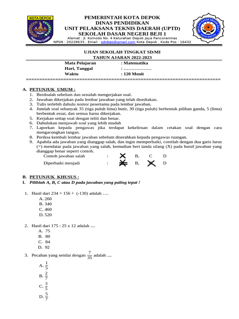 Soal US Matematika 2022-2023 | PDF | Metode & Bahan Ajar