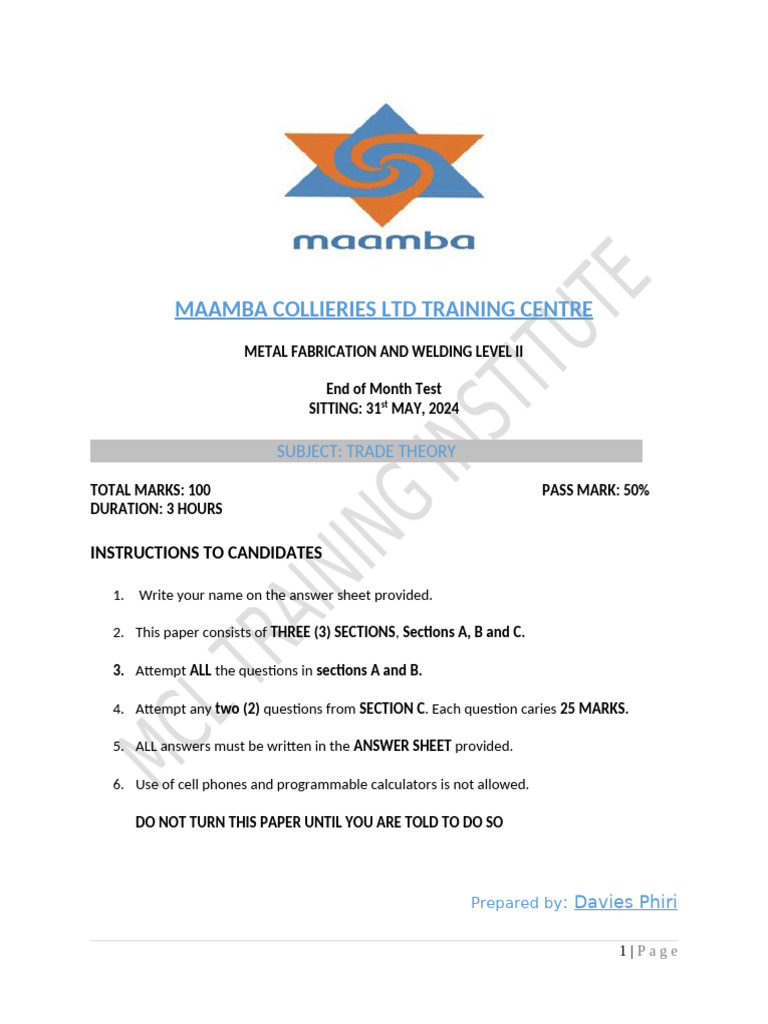 Metal Fabrication Trade Theory Test | PDF | Grinding (Abrasive Cutting ...