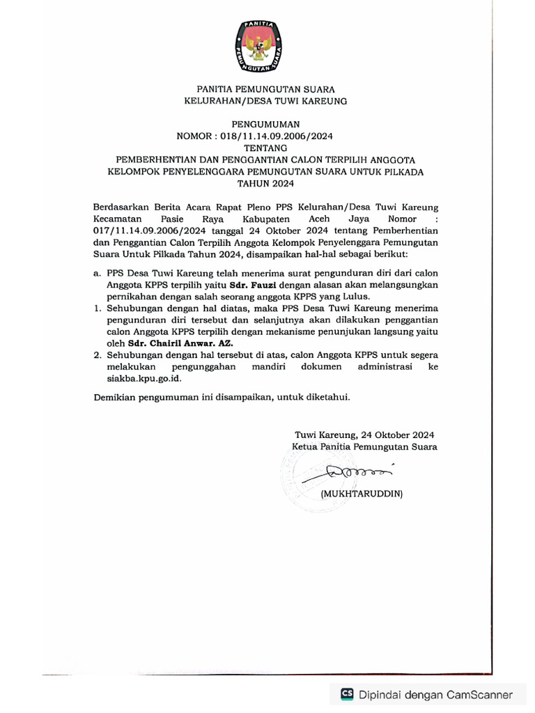 PENGUMUMAN PEMBERHENTIAN DAN PENGGANTIAN CALON ANGGOTA KPPS | PDF PENGUMUMAN PEMBERHENTIAN DAN PENGGANTIAN CALON ANGGOTA KPPS | PDF