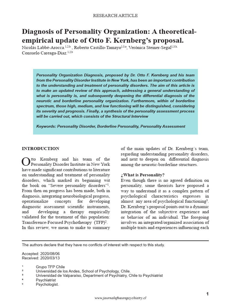 Diagnosis of Personality Organization: A Theoretical-Empirical Update of Otto F. Kernberg's ...