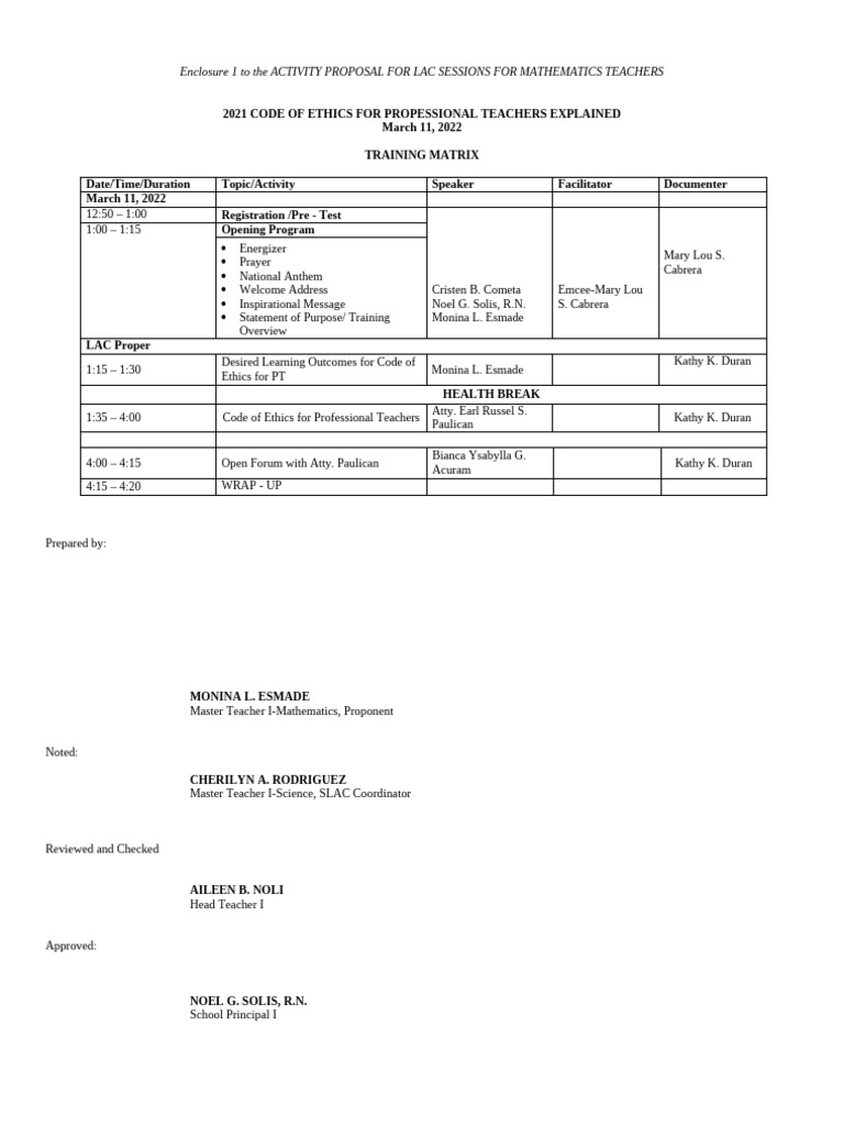 SLAC-TRAINING-MATRIX - Code of Ethics For PT | PDF