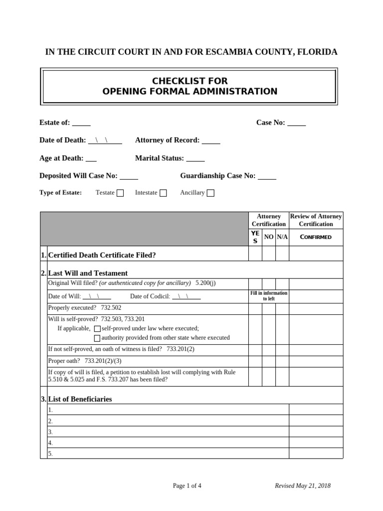 Opening Formal Administration Checklist - Fillable Version | PDF ...