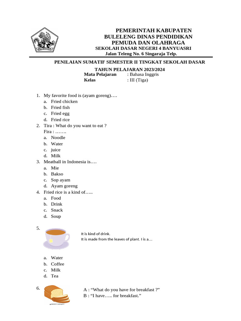 Soal PAT Bahasa Inggris Kelas 3 | PDF | Asian Cuisine | Foods