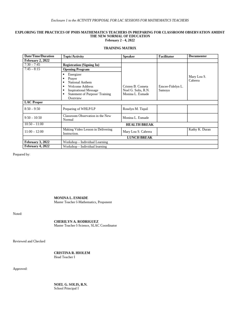 SLAC-TRAINING-MATRIX - Semestral Break | PDF | Learning | Behavior Modification