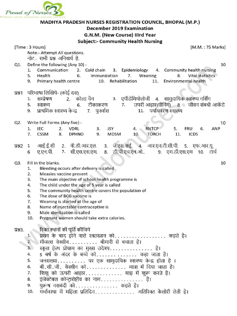 2019 GNM 3rd Community Health Nursing MPNRC | PDF