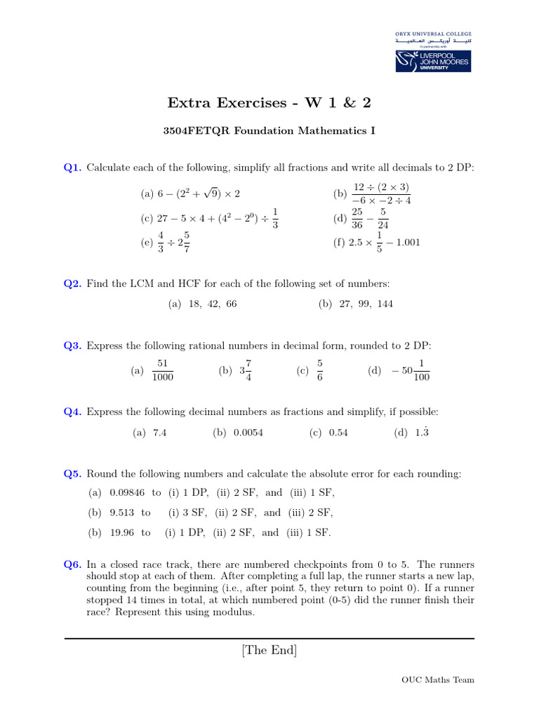 Extra Exercises - W 1 & 2: 3504FETQR Foundation Mathematics I | PDF ...
