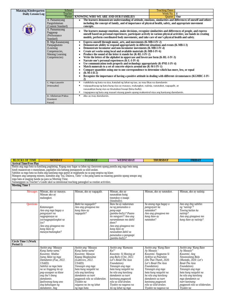 Q1-Week 4 Kindergarten-DLL-MATATAG | PDF