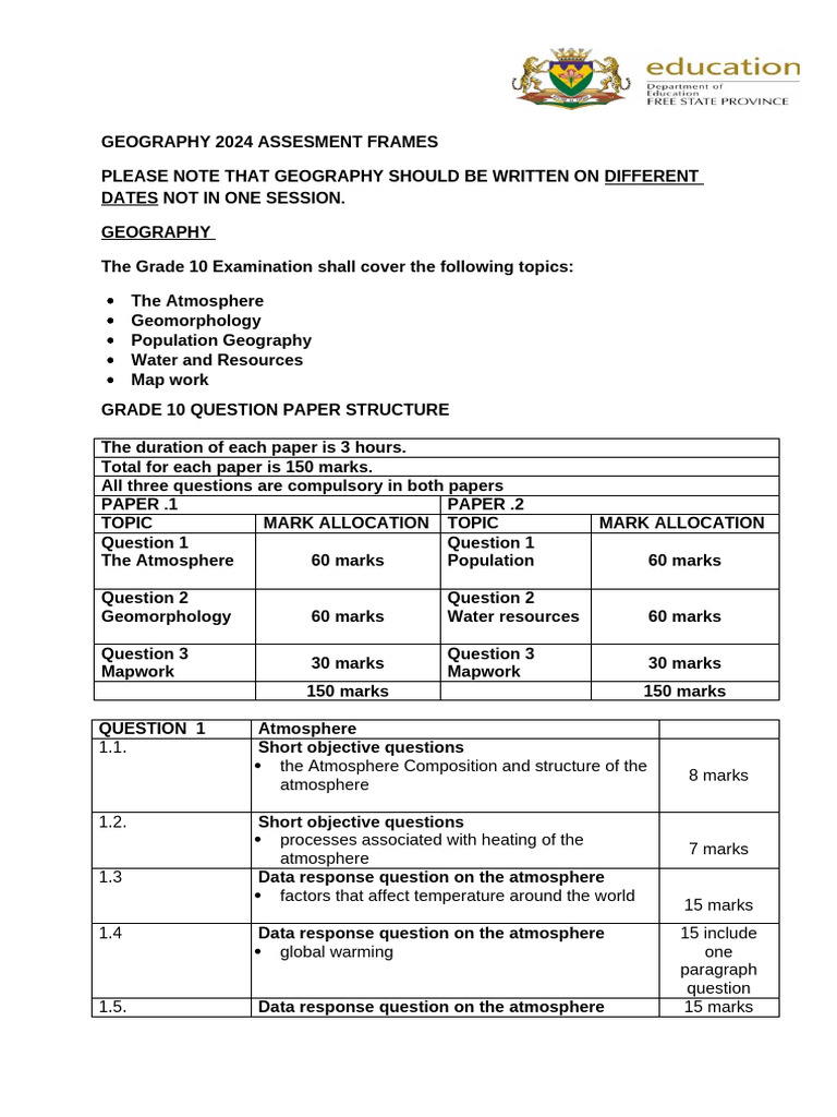Grade 10 & 11 Geography Exam Structure | PDF | Geomorphology | Water
