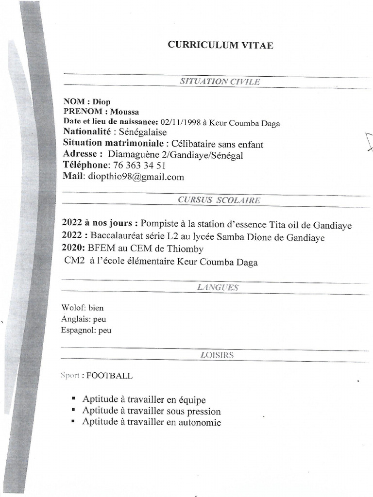 Curiculum Vitae Moussa DIOP | PDF