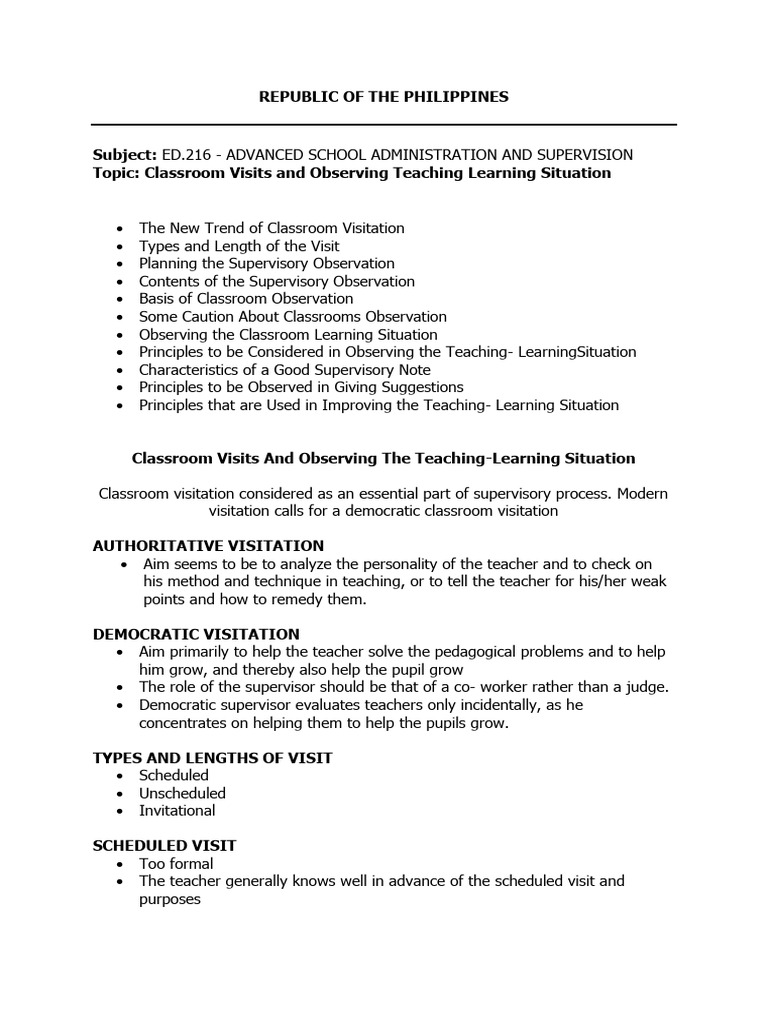 ADVANCE (Classroom Visits and Observing Teaching Learning Situation ...