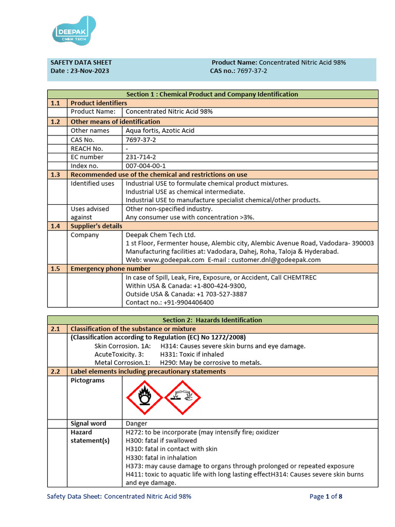 MSDS Conc. HNO3 23 Nov 2023 | PDF | Dangerous Goods | Personal Protective Equipment