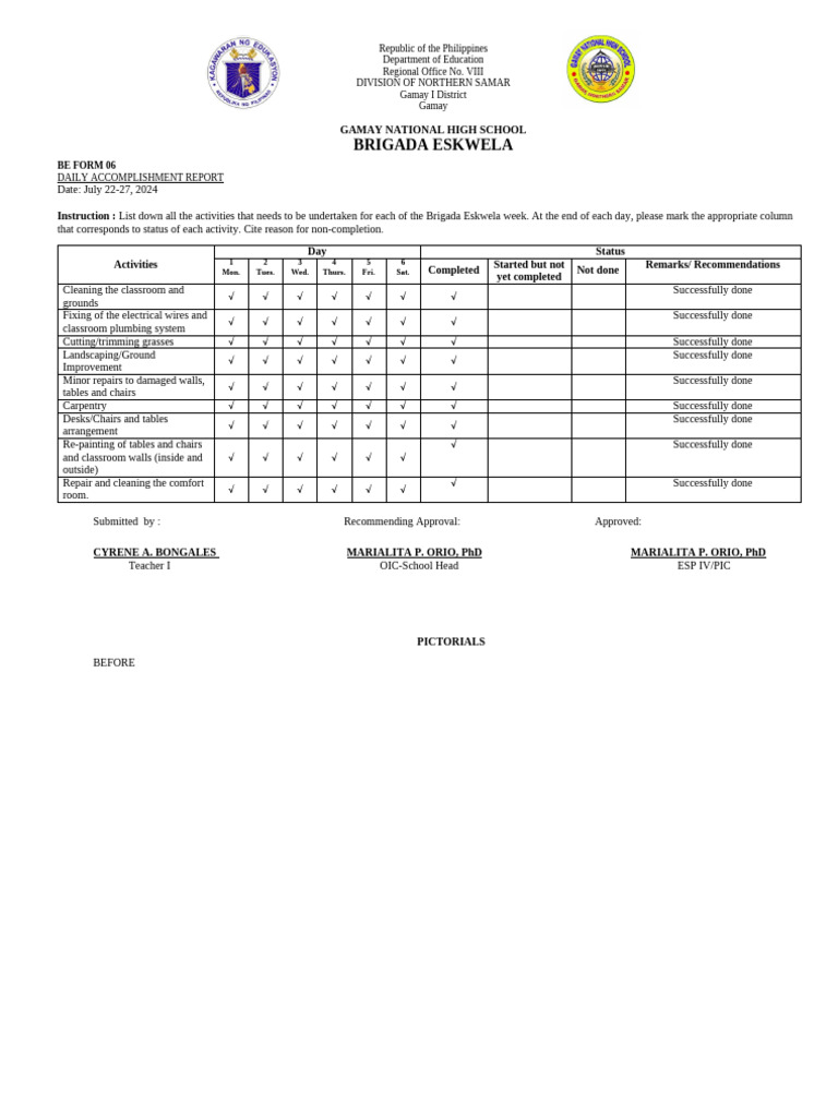 Accomplishment Brigada 2024 2025 Blank | PDF | Classroom | Interior Design