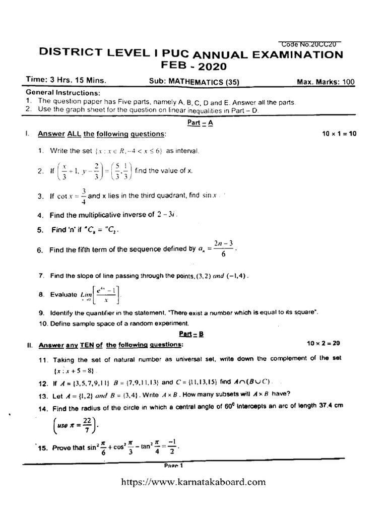 1st Puc Mathematics 2020 | PDF