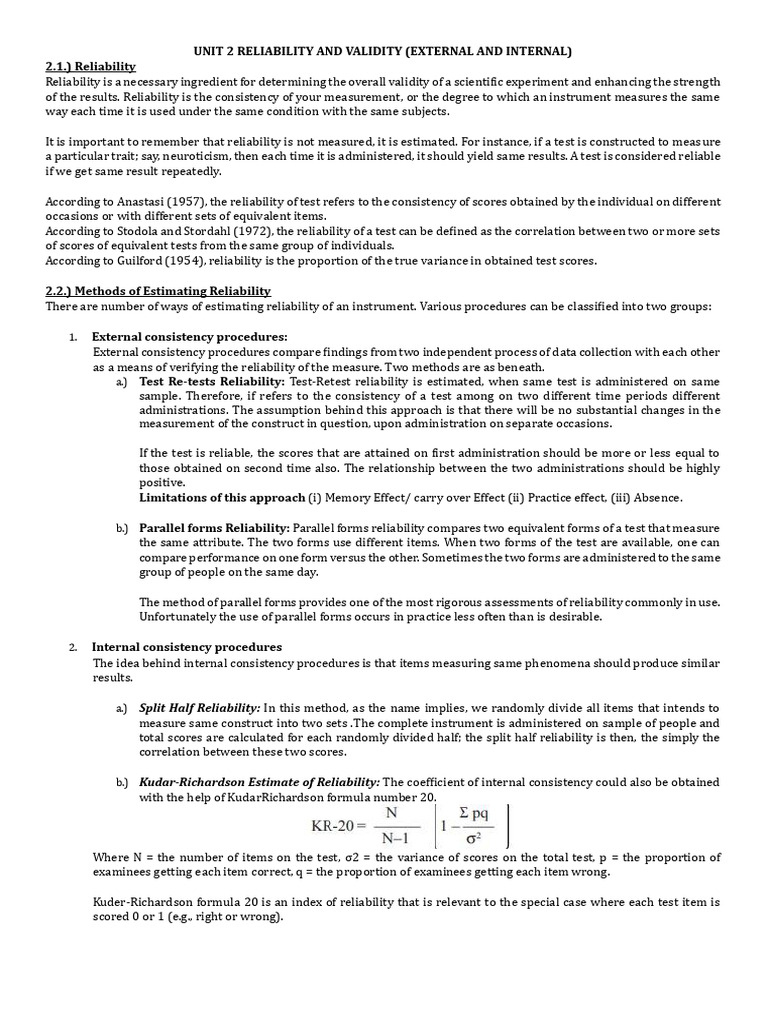 Unit 2 Reliability and Validity (External and Internal) | PDF ...