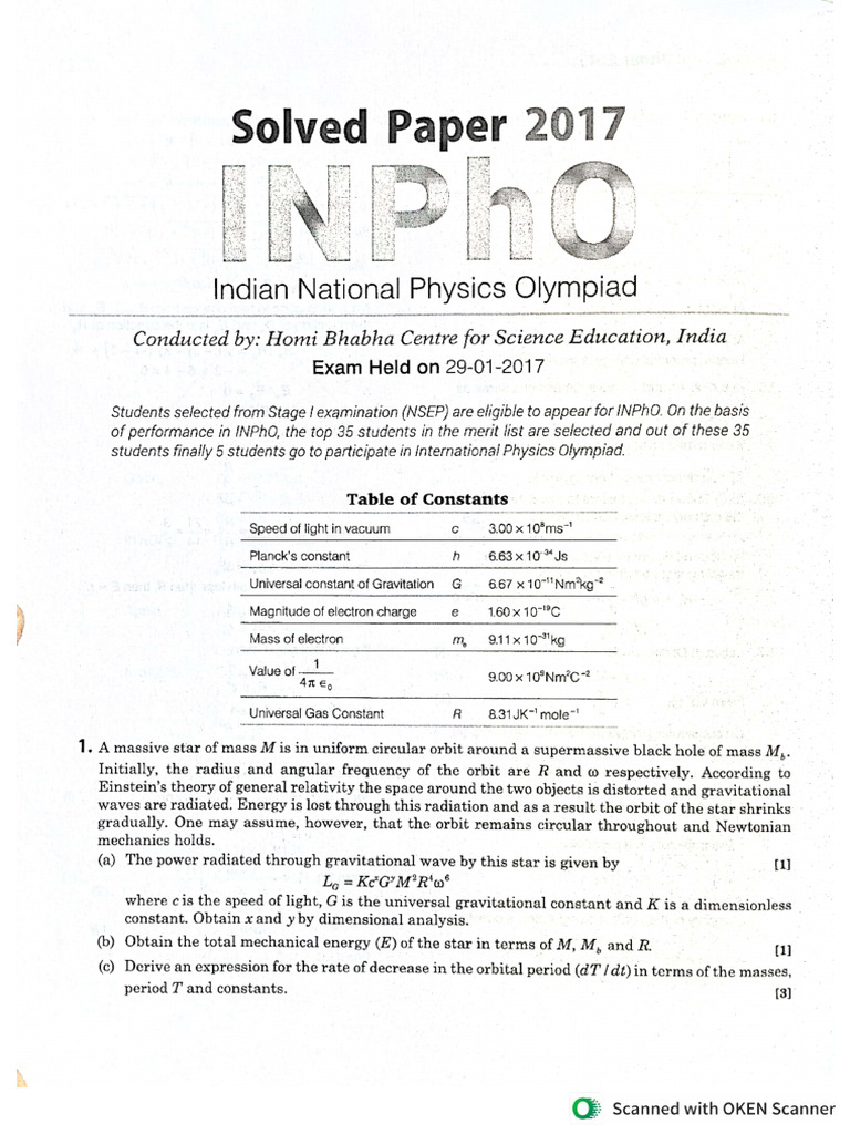 INPHO(PHYSICS)-SOLVED PAPER 2017 | PDF