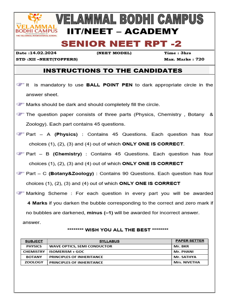 NEET RPT-2 Model Paper for XII Students | PDF | Isomer | Diffraction