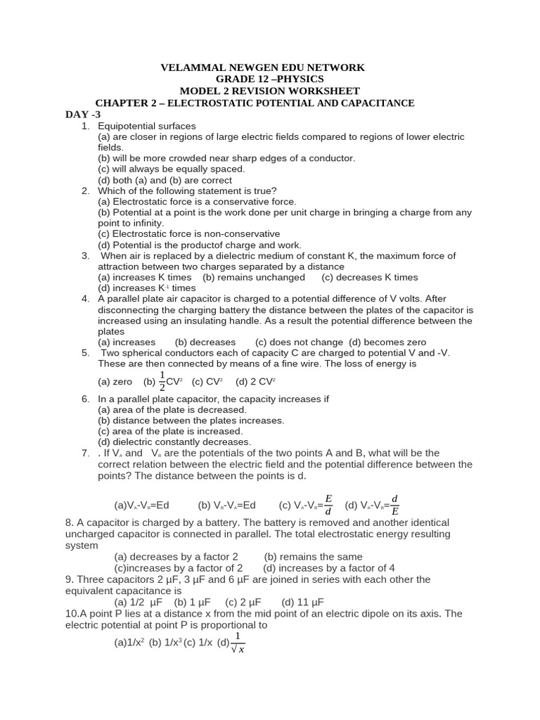CH 2 Electrostatic Potential Work Sheet | PDF | Capacitance | Capacitor
