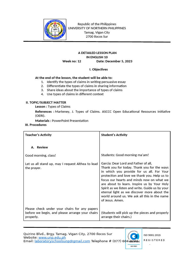 A Detailed Lesson Plan On TYPES OF CLAIMS | PDF | Essays