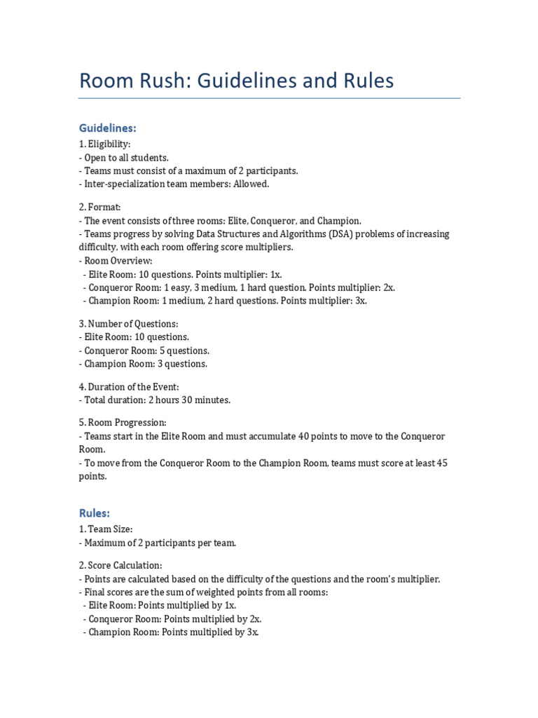 Room Rush: DSA Competition Rules | PDF | Teaching Methods & Materials