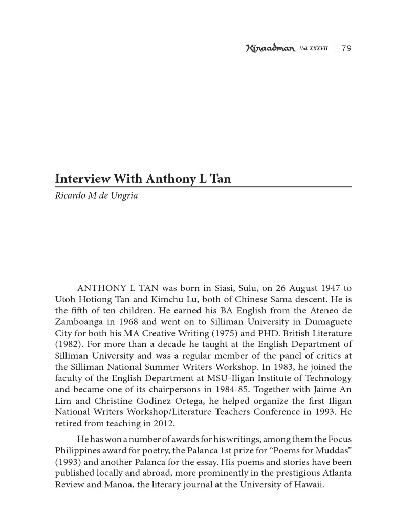 Kj37 Interview With Anthony L Tan | PDF | Art | Mystery, Thriller & Crime Fiction