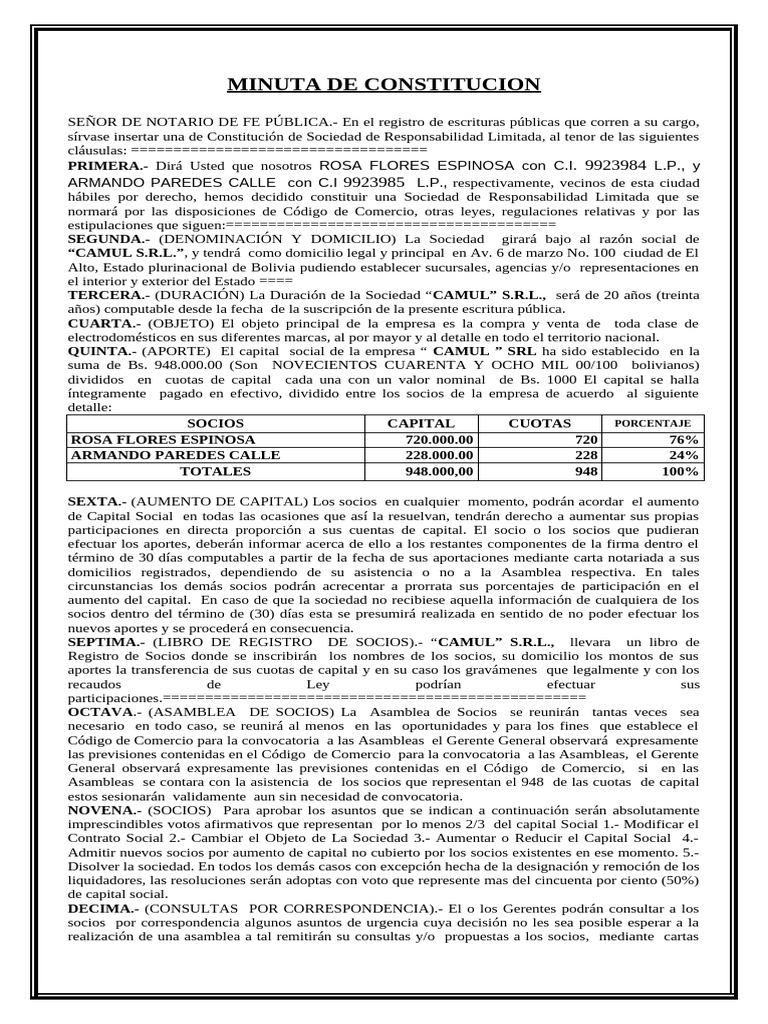 Constitución de CAMUL S.R.L. en Bolivia | PDF | Negocios económicos ...