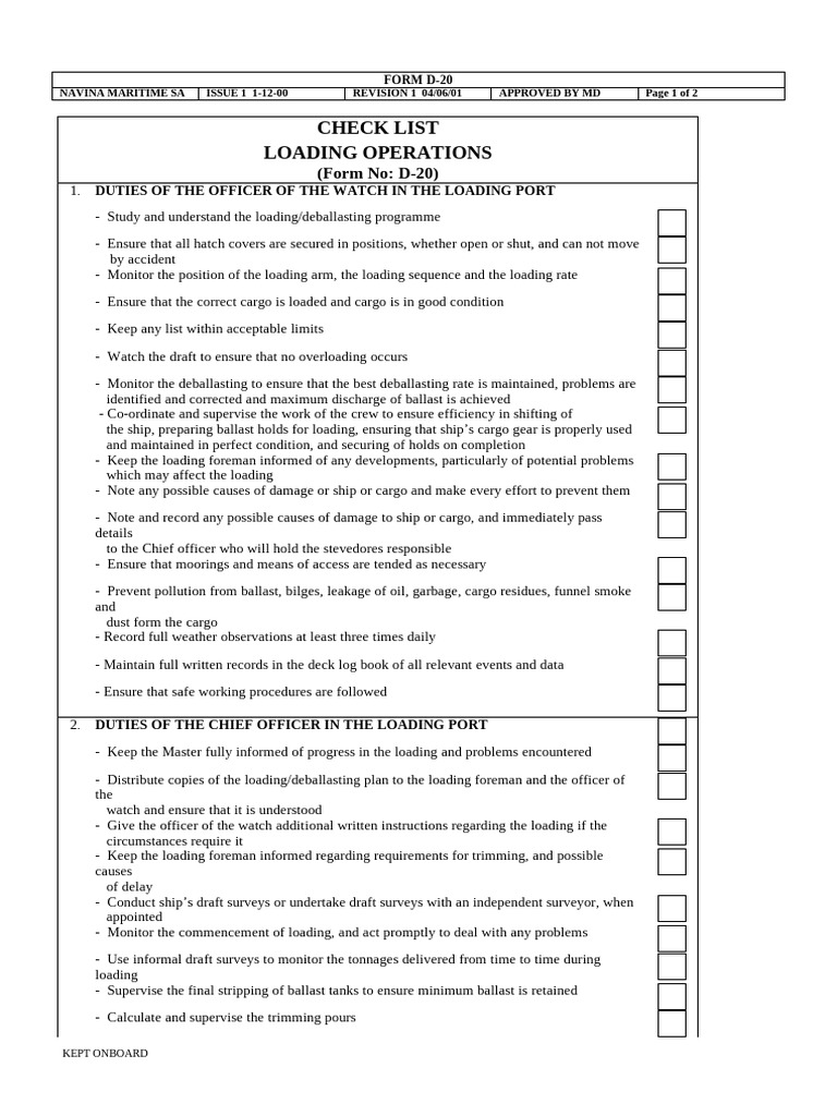 D-20 Loading Operations Checklist - Rev1 - 040601 | PDF | Ships | Shipping