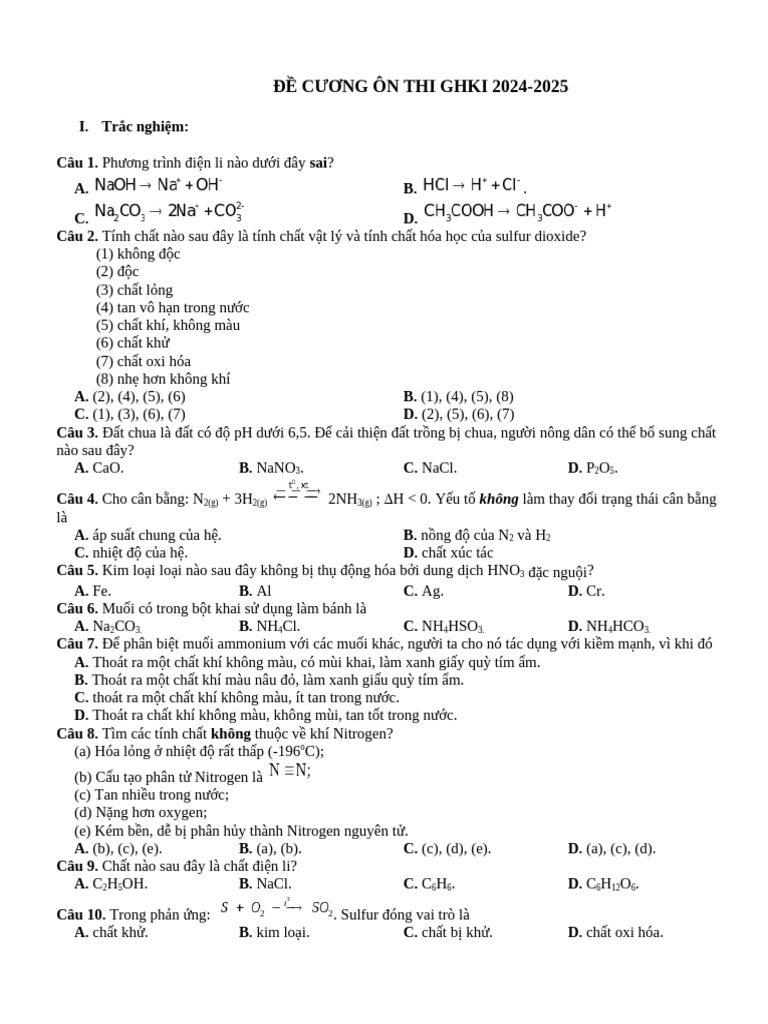 Đề cương GKI 11 hóa | PDF