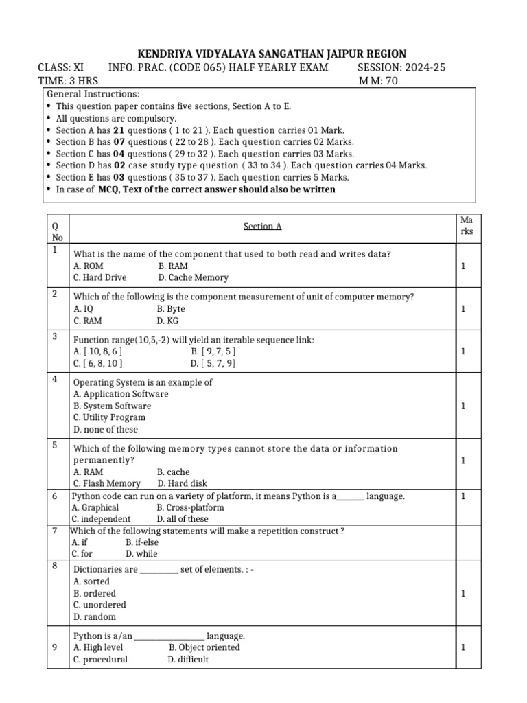 Info Pract Xi QP Hy 2024 25 | PDF | Python (Programming Language) | Laptop