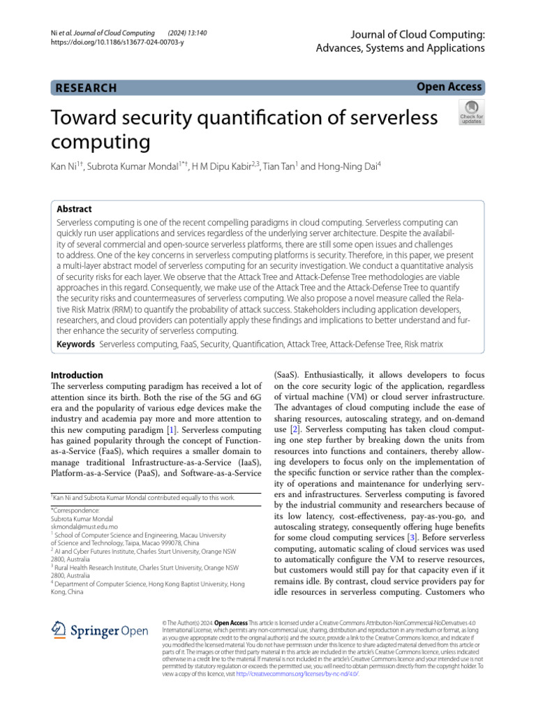 Toward Security Quantification of Serverless Computing: Research Open Access | PDF | Risk ...