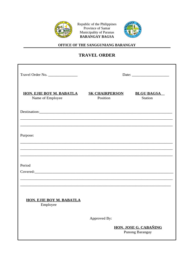 Travel Order Barangay Bagsa | PDF | Career & Growth