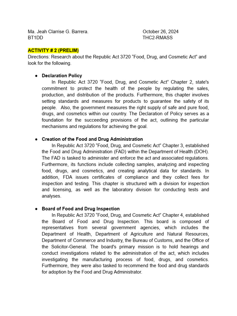 Activity # 2 (Prelim) | PDF | Food And Drug Administration | Federal Food