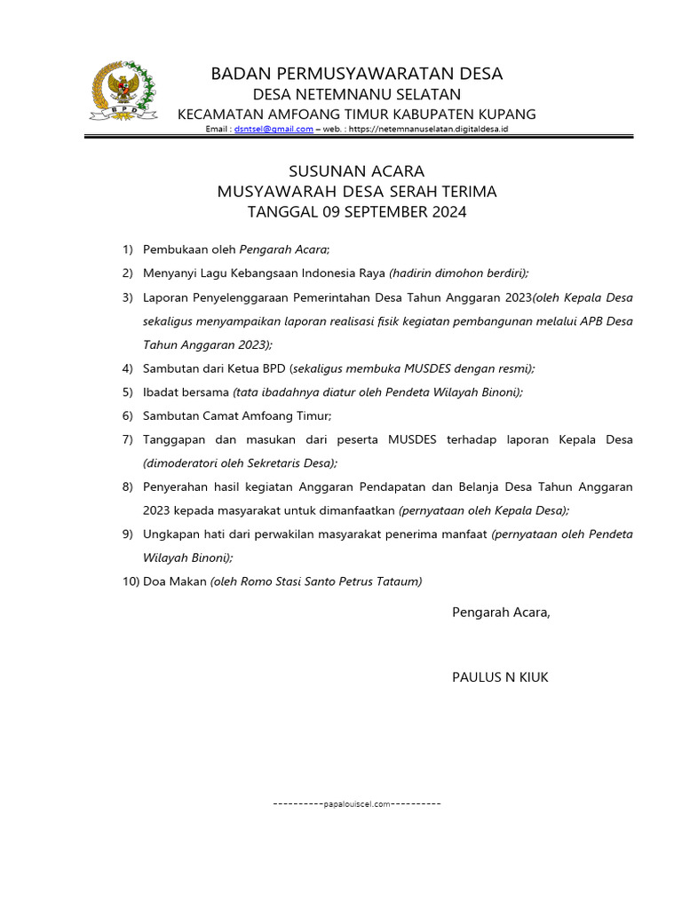 Susunan Acara Musyawarah Desa 2024 | PDF
