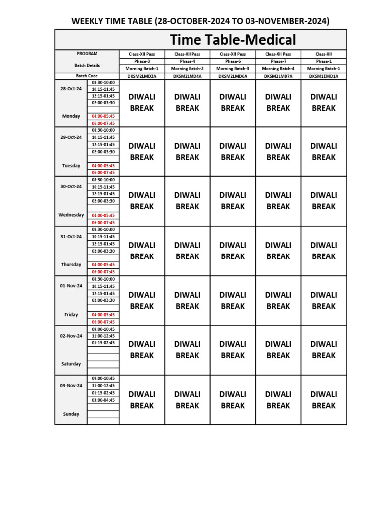 Neet Time Table (28 Nov-03 Nov 2024) | PDF | Workweek And Weekend