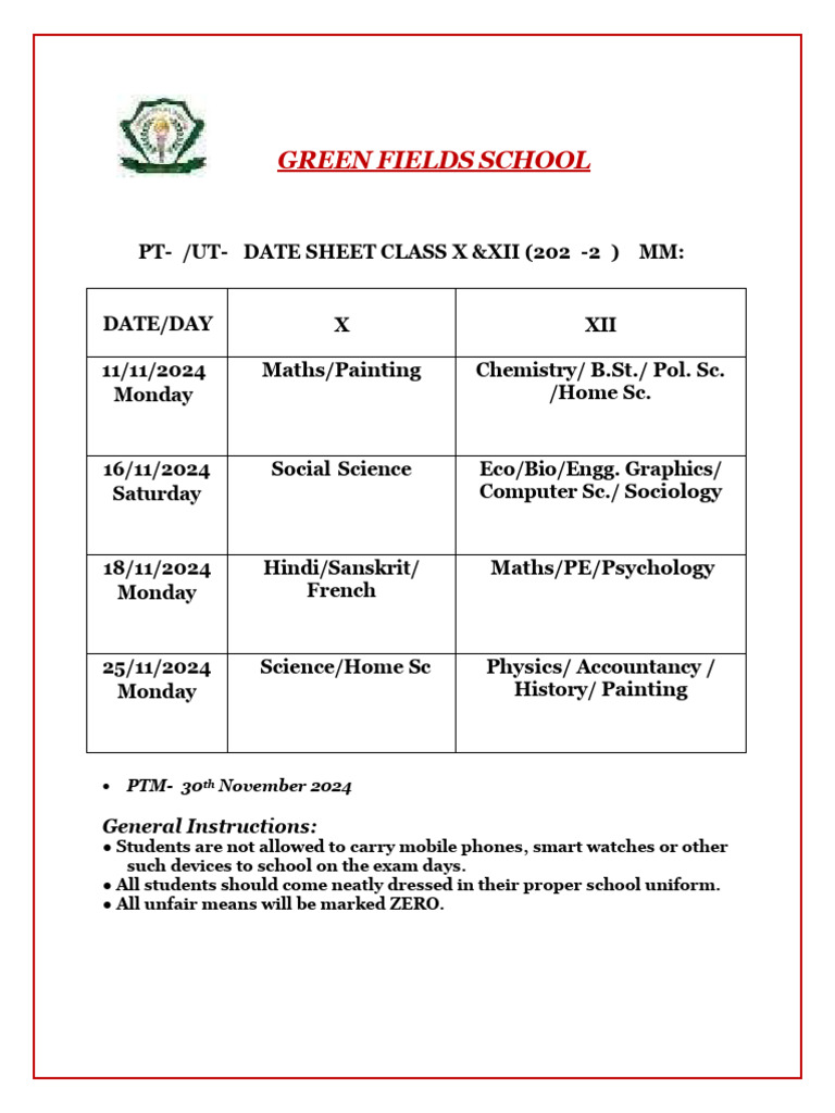 Date Sheet X & Xii Ut-2-1 | PDF