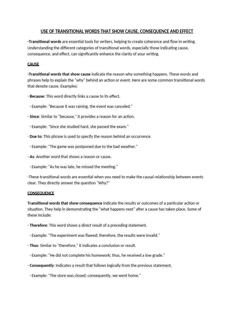 Transitional Words: Cause & Effect | PDF | Reason | Question