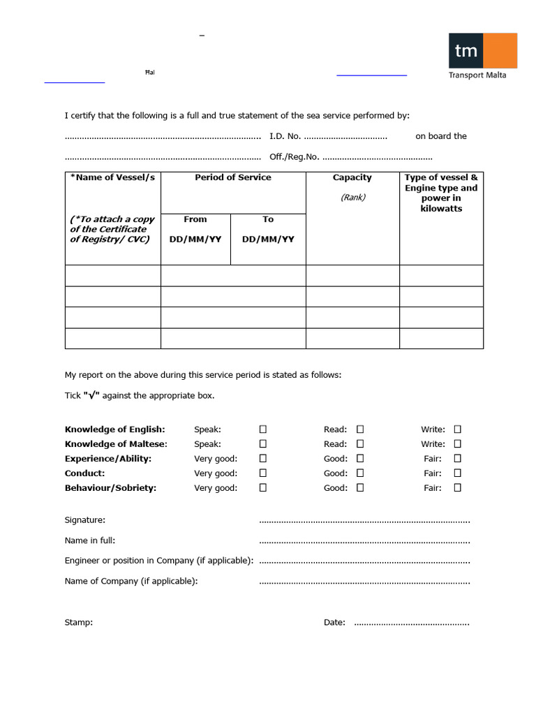 Sea Service Testimonial Form - Engineering Personnel | PDF ...
