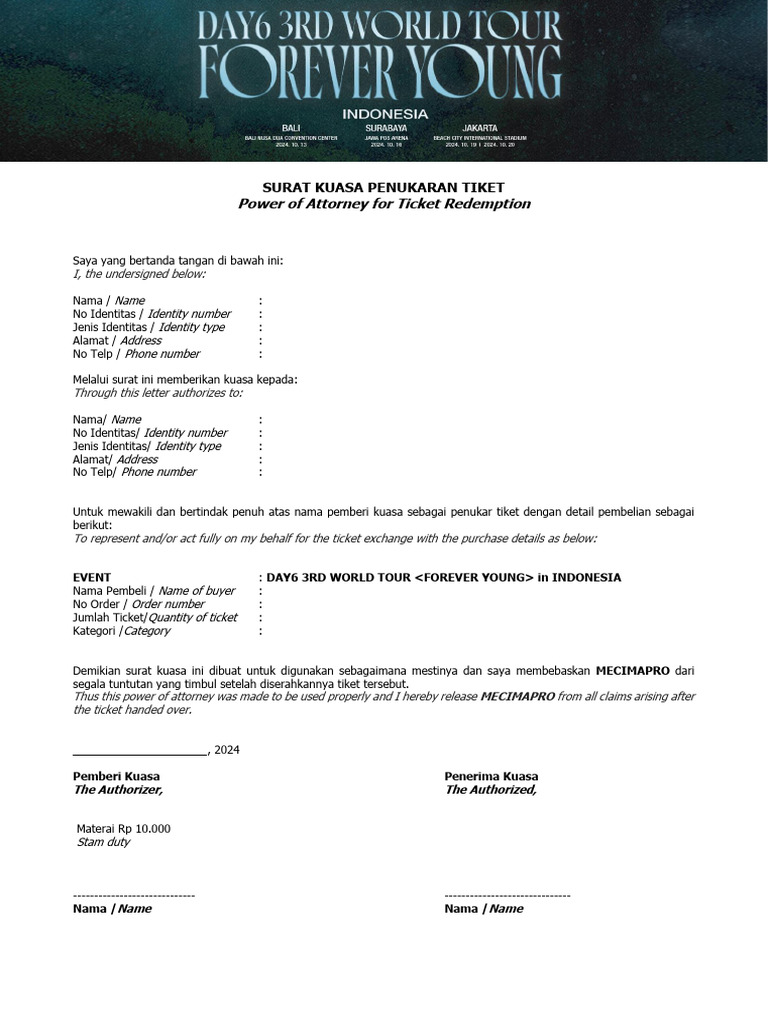 Surat Kuasa Penukaran Tiket Day6 | PDF
