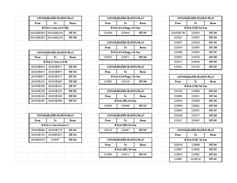 B.Tech Consolidated Seating Plan 2024 | PDF