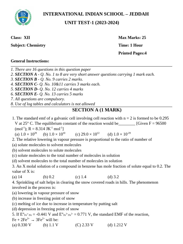 Chemistry 12 Unit Test 1 (2023 24) | PDF | Electrode | Anode