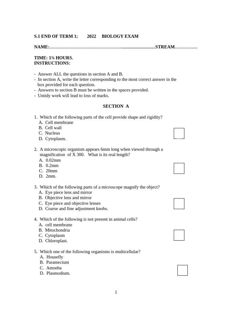 S.1-Biology End of Term-1-2022 | PDF | Cell (Biology) | Optics