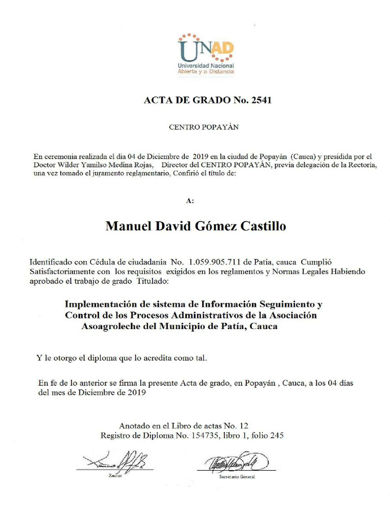 ACTA de Manuel David Gómez Castillo | PDF