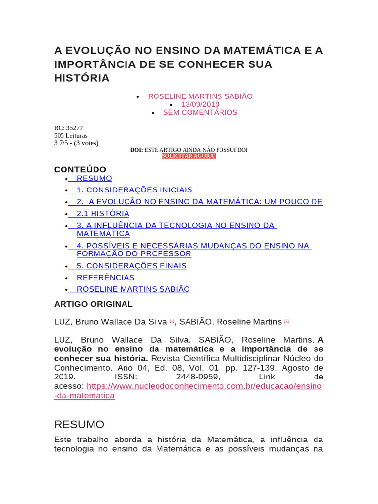 A Evolução No Ensino Da Matemática e A Importância de Se Conhecer Sua ...