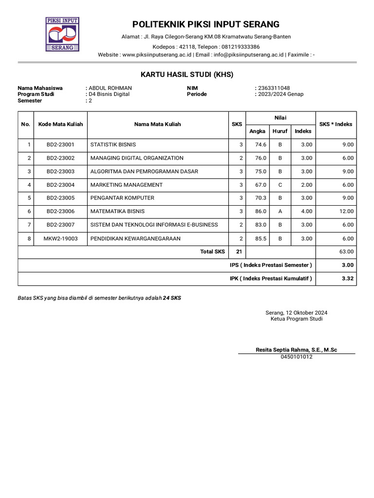 Cetak Laporan KHS Mahasiswa | PDF