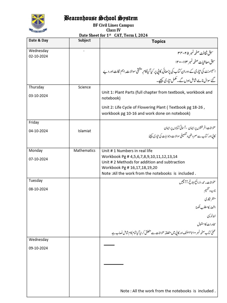October-Date Sheet 2024 Class IV. | PDF