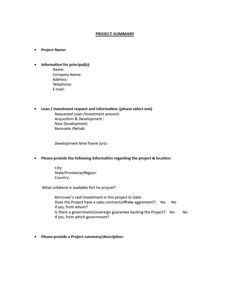 PROJECT SUMMARY Form | PDF | Finance & Money Management