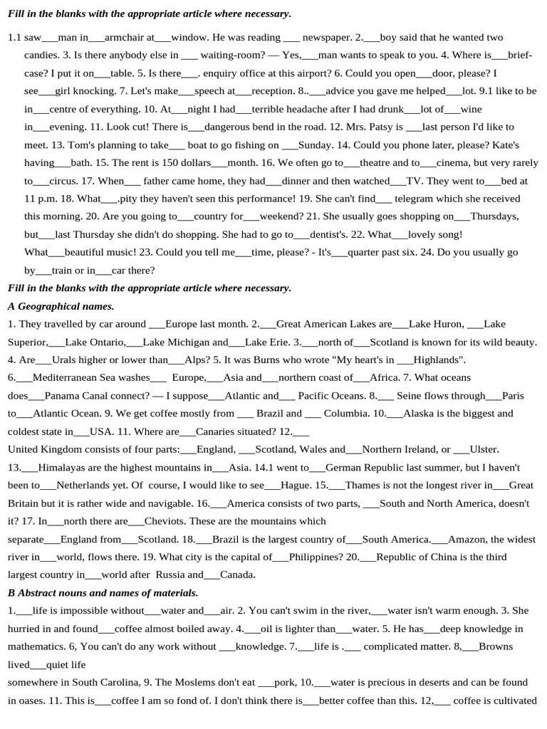 Fill in The Appropriate Article | PDF | London
