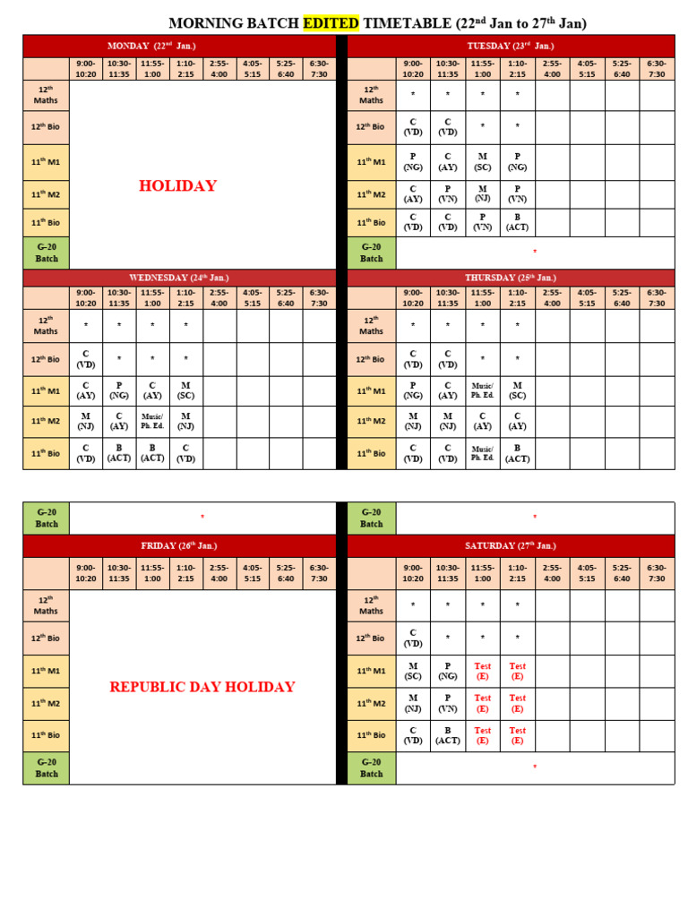 Edited Timetable (22nd-27th Jan) | PDF