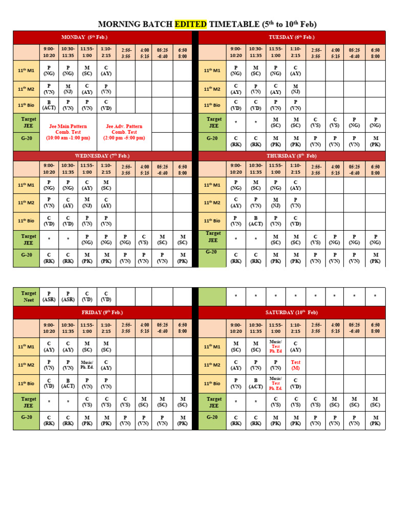 Revised Timetable (5th-10th Feb) | PDF
