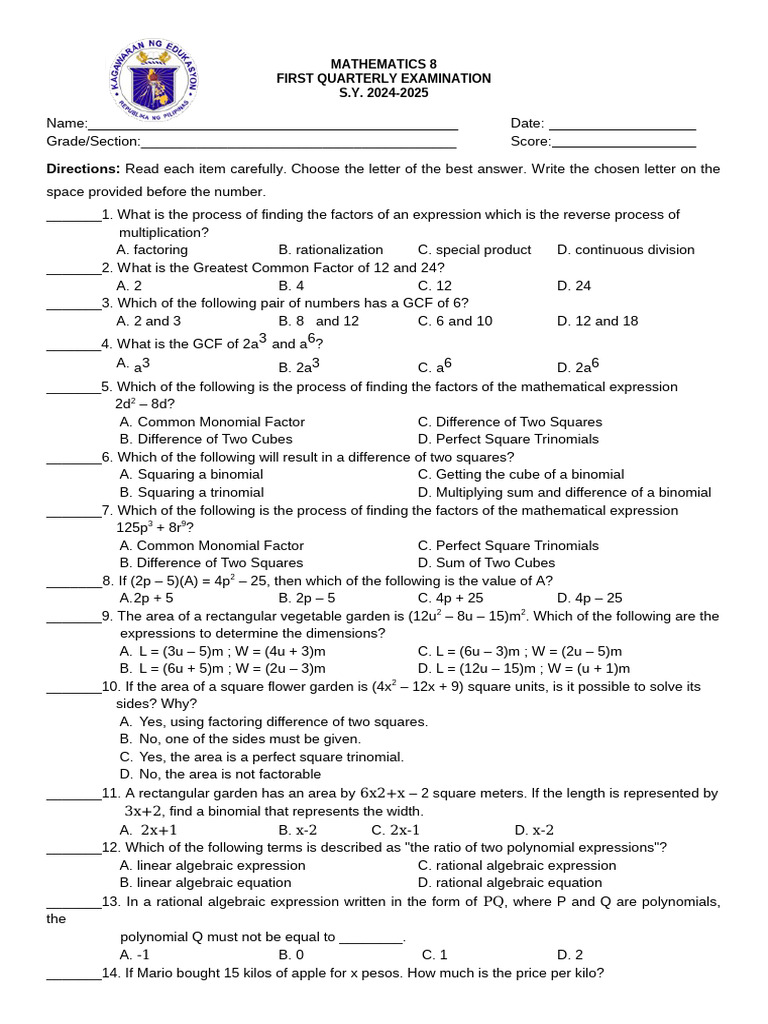1ST Quarter (Math 7&8) 2024-2025 | PDF | Triangle | Shape